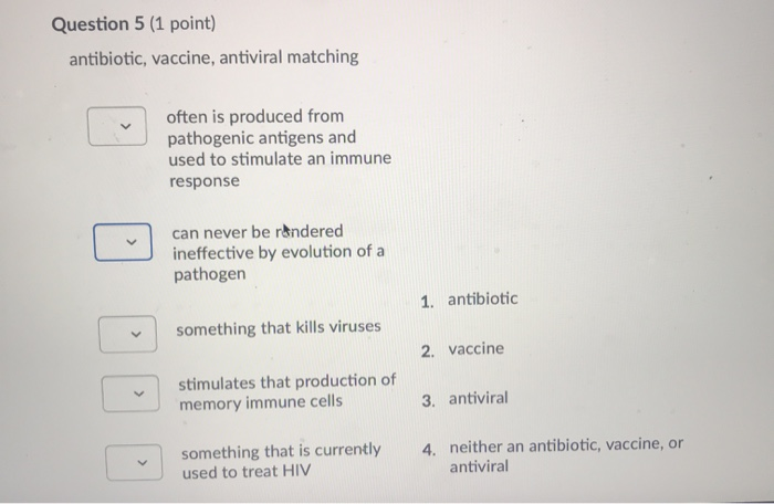 Solved Question 5 (1 point) antibiotic, vaccine, antiviral | Chegg.com