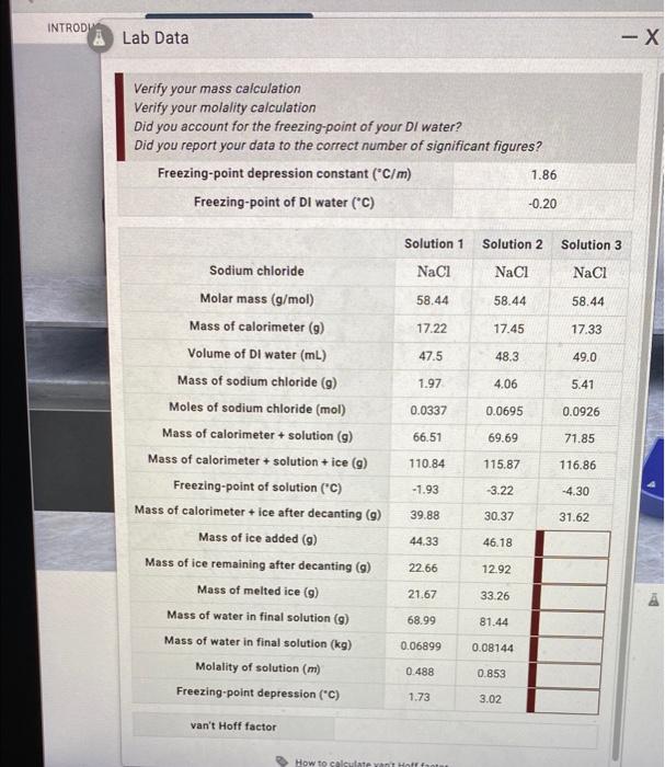 Solved INTRODU Lab Data - X - Verify your mass calculation | Chegg.com