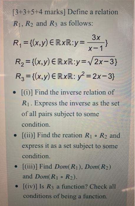 Solved [3+3+5+4 marks] Define a relation R1, R2 and R3 as | Chegg.com