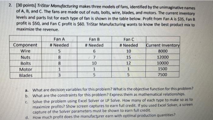 Solved 2. [ 30 points] TriStar Manufacturing makes three | Chegg.com