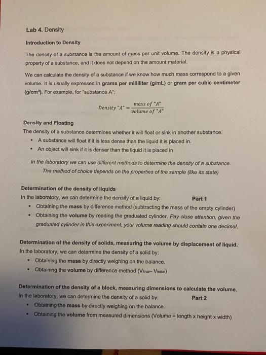 Lab 4. Density Introduction to Density The density of | Chegg.com