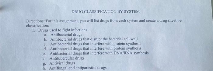 Solved DRUG CLASSIFICATION BY SYSTEM Directions: For this | Chegg.com
