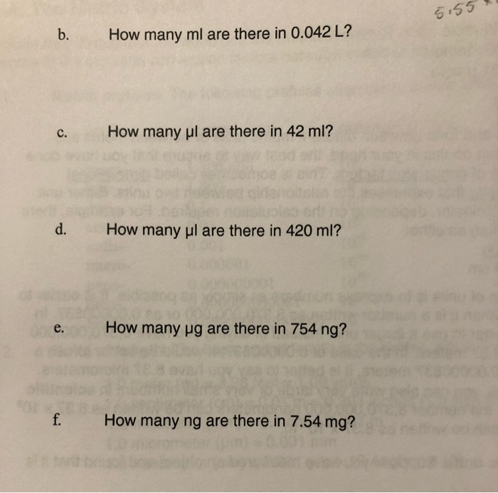 Solved 55 b. How many ml are there in 0.042 L? How many ul | Chegg.com