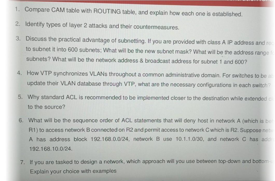 Solved 1. Compare CAM table with ROUTING table, and explain | Chegg.com