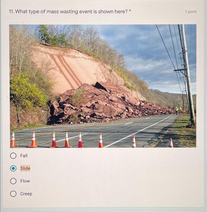 Solved 11. What type of mass wasting event is shown here? * | Chegg.com