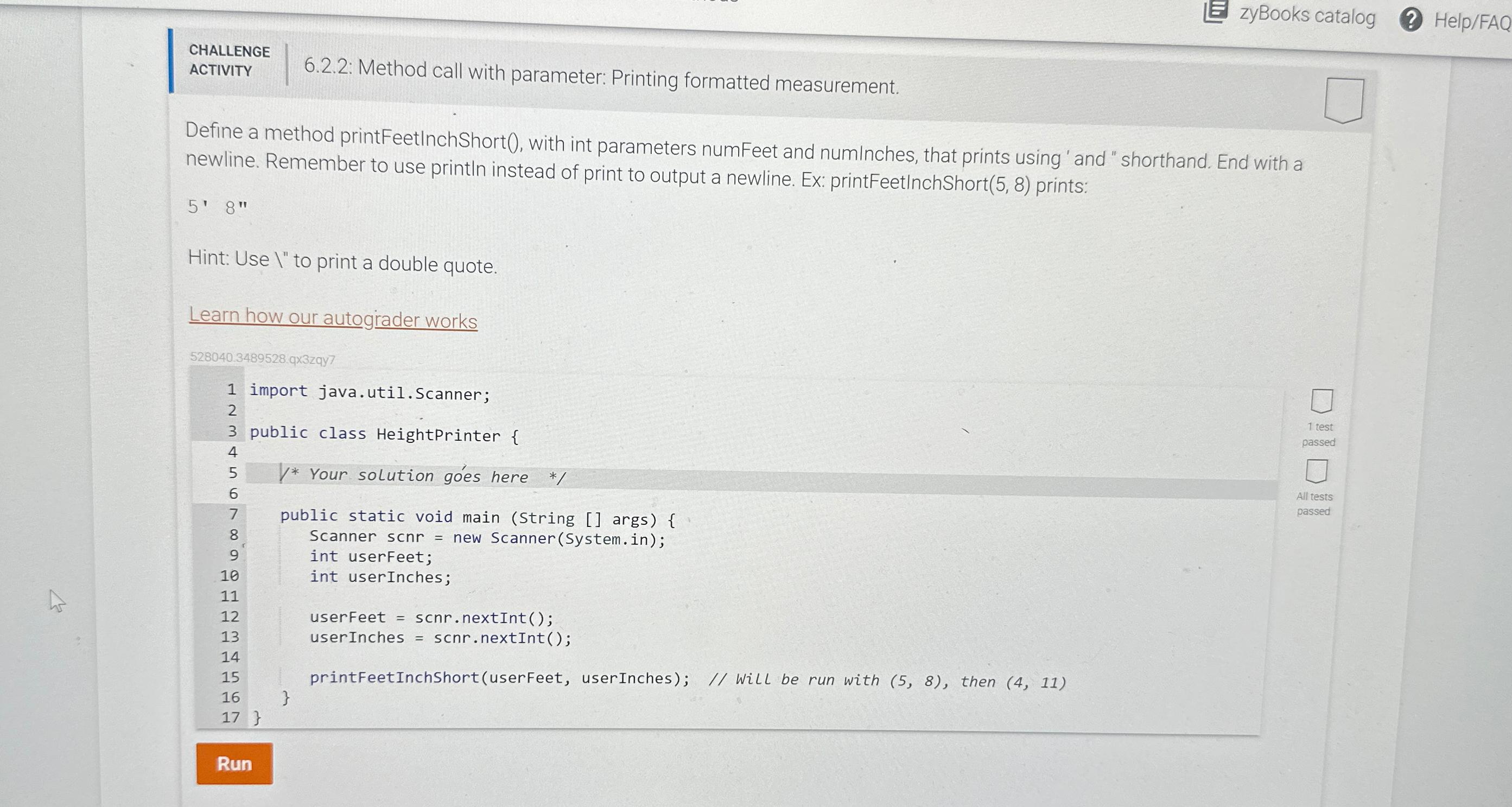 Solved zyBooks catalogCHALLENGEACTIVITY6.2.2: Method call | Chegg.com