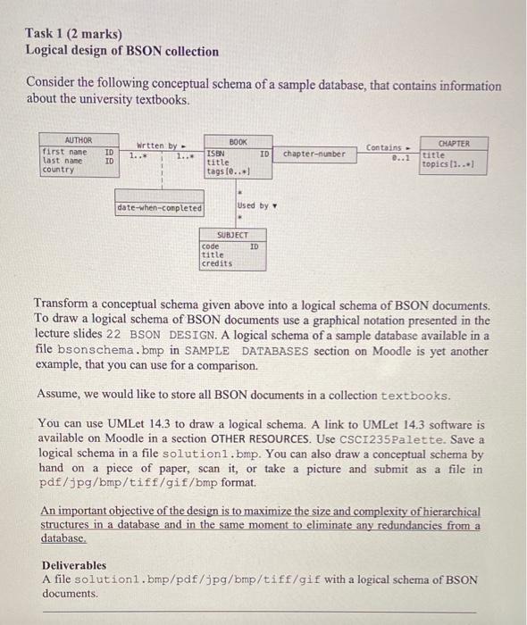 Solved Task 1 (2 marks) Logical design of BSON collection | Chegg.com