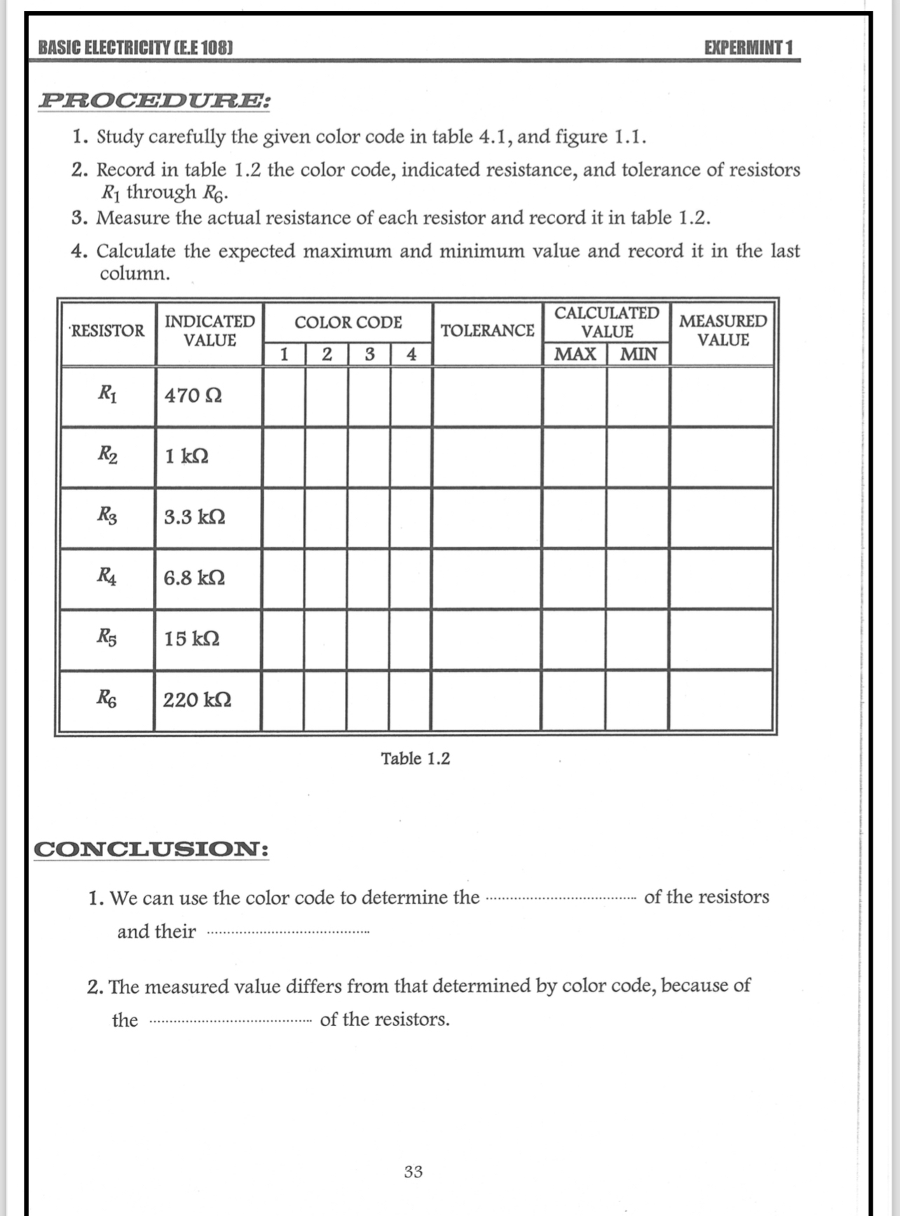 BASIC ELECTRICITY [E.E 108]EXPERMINT | Chegg.com