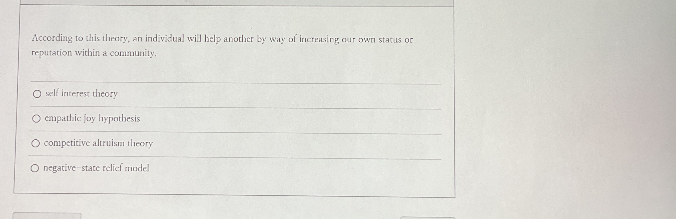 Solved According to this theory, an individual will help | Chegg.com