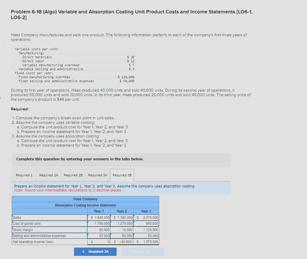 Solved Problem 6-18 (Algo) ﻿Variable and Absorption Costing | Chegg.com