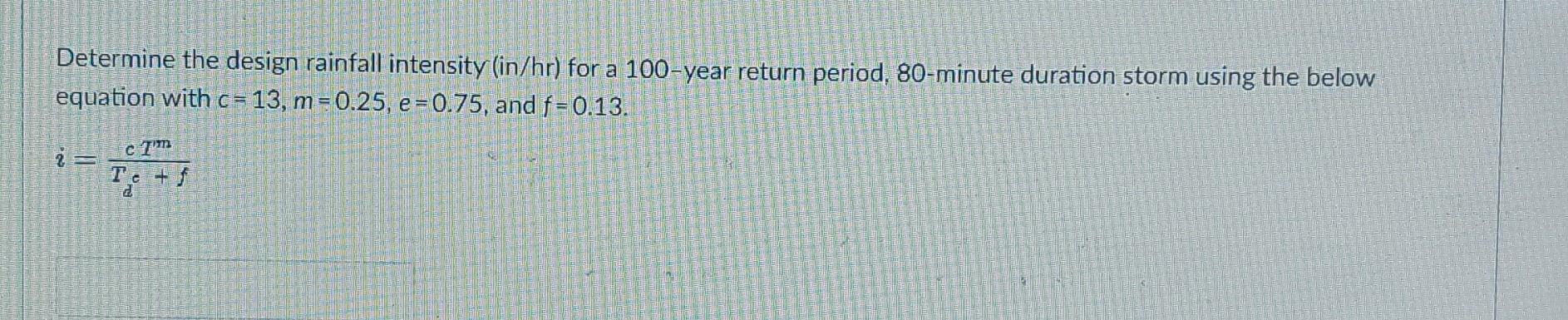 Solved Determine the design rainfall intensity (in/hr) for a | Chegg.com