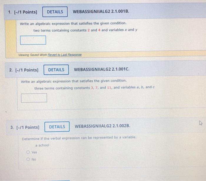 Solved 1. [-/1 Points] DETAILS WEBASSIGNIIALG2 2.1.001B. | Chegg.com