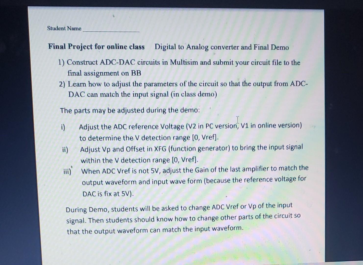 Final Project for online class Digital to Analog | Chegg.com