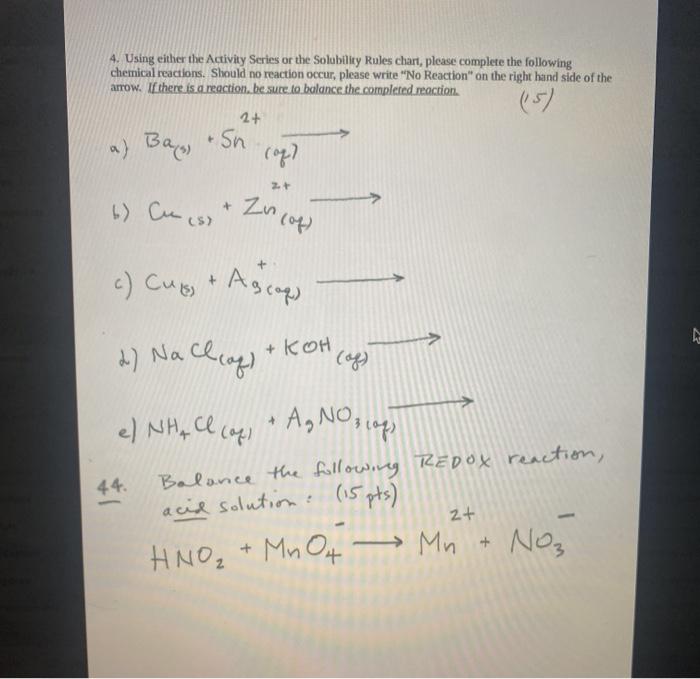Solved 4. Using either the Activity Series or the Solubility | Chegg.com