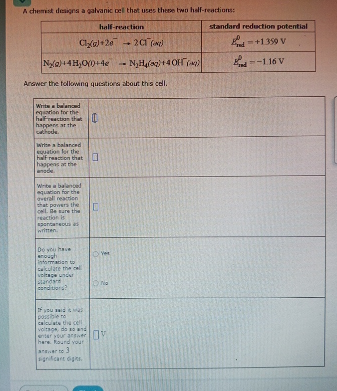 Solved A chemist designs a galvanic cell that uses these two | Chegg.com