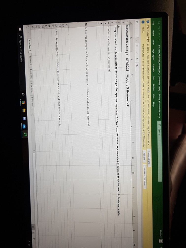 Solved -- STA3215 module5 homework_1 [Protected View Excel | Chegg.com