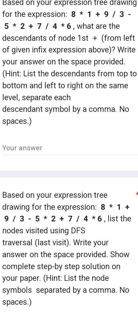 Solved Based on your expression tree drawing for the | Chegg.com