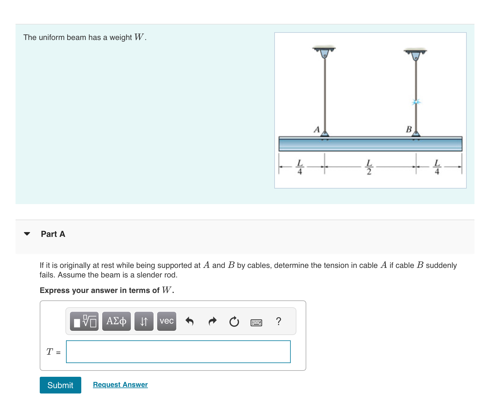 Solved The uniform beam has a weight W. Part A If it is | Chegg.com