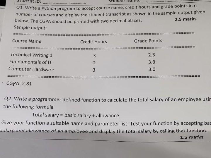 Solved ant ID: Q1. Write a Python program to accept course | Chegg.com