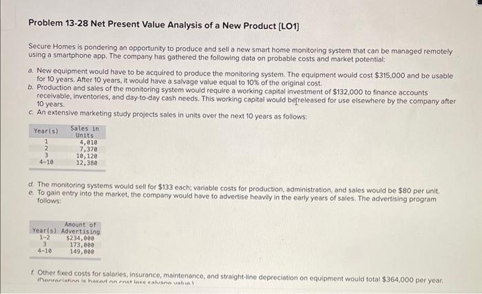 Solved Problem 13-28 Net Present Value Analysis of a New | Chegg.com