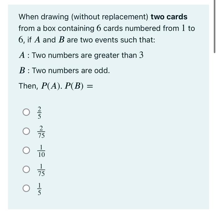 Solved When drawing (without replacement) two cards from a | Chegg.com