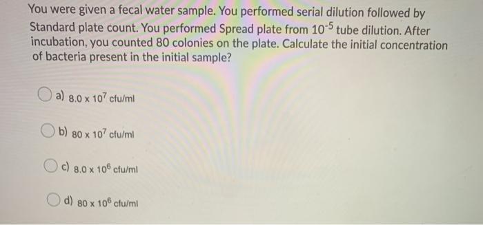 Solved You performed a 10 fold dilution in Test tube#1 | Chegg.com