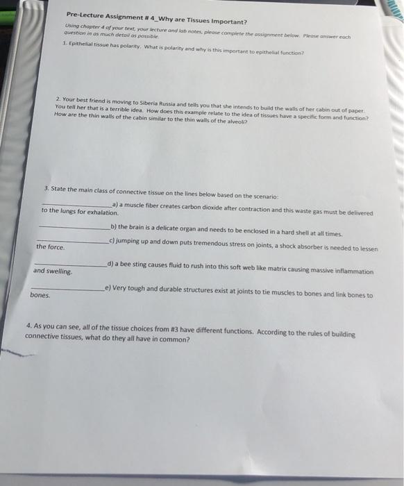 Solved Pre-Lecture Assignment #4_Why are Tissues Important? | Chegg.com