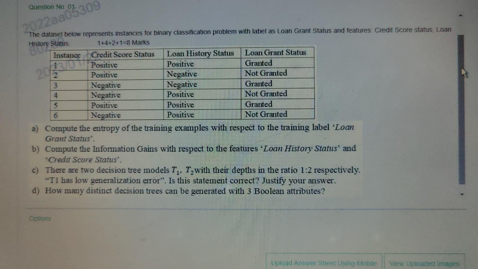 Solved The dataset below represents instances for binary | Chegg.com