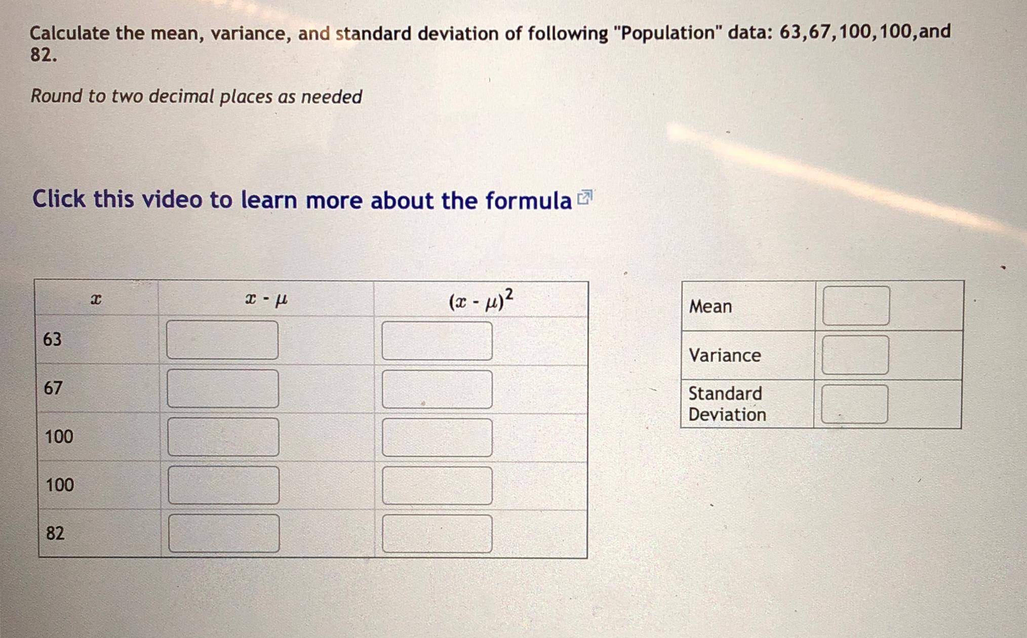 Solved Calculate the mean, variance, and standard deviation | Chegg.com