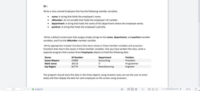 Solved Q1: Write a class named Employee that has the | Chegg.com