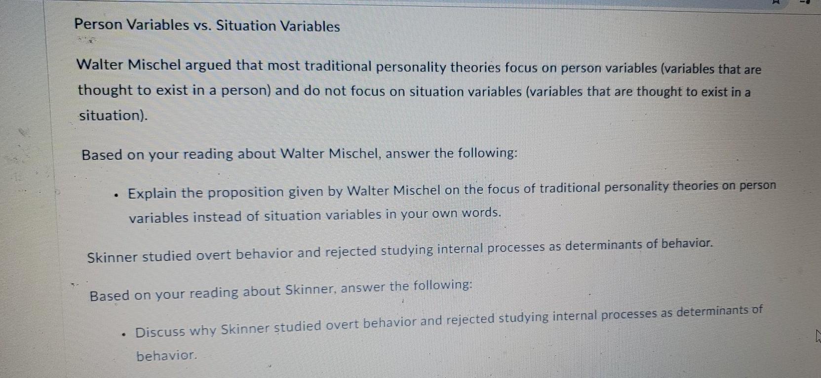 Solved Person Variables vs. Situation Variables Walter | Chegg.com