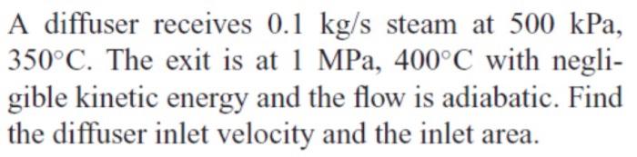 Solved A diffuser receives 0.1 kg/s steam at 500kPa, 350∘C. | Chegg.com