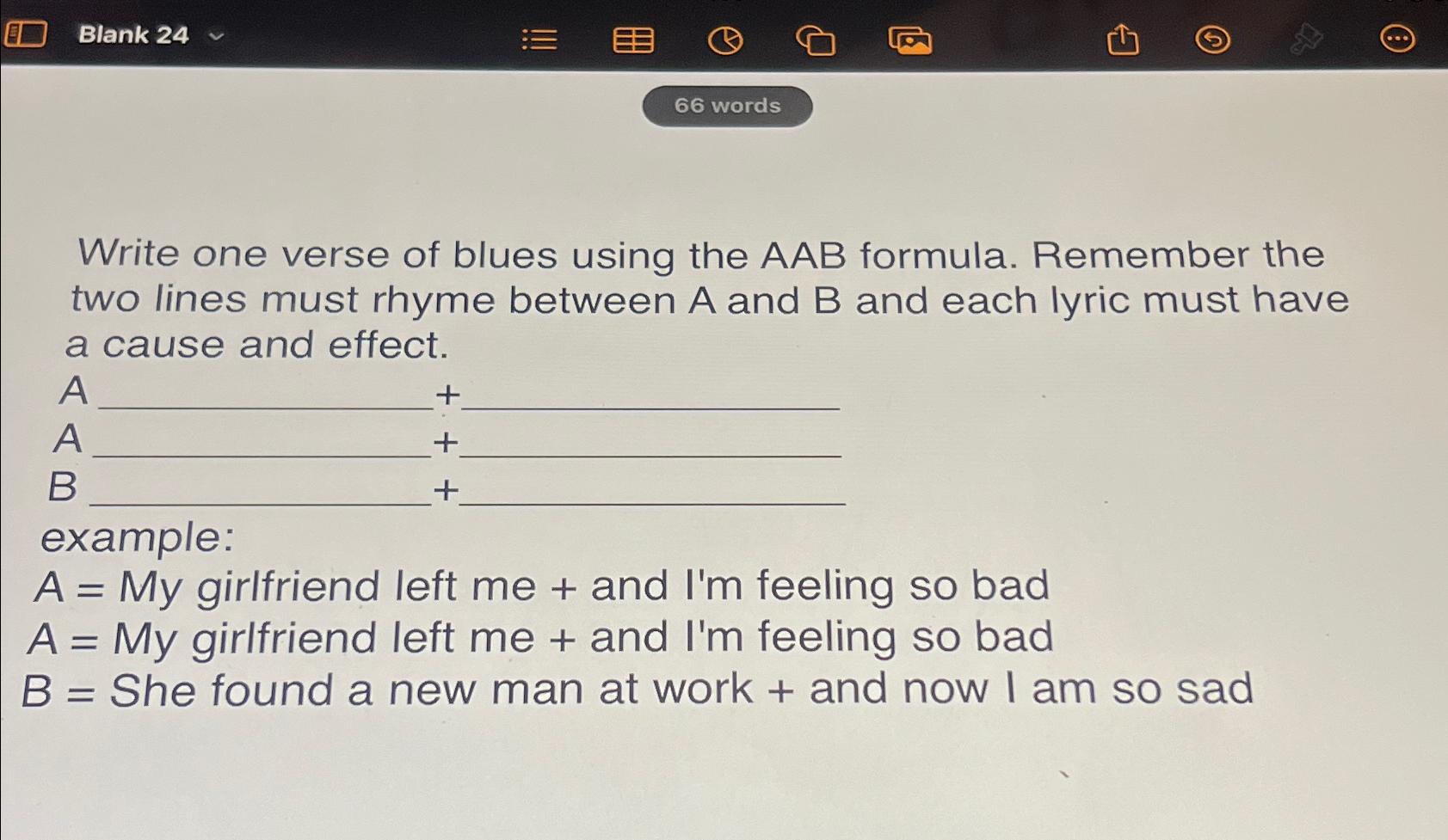 Solved Write one verse of blues using the AAB formula. | Chegg.com