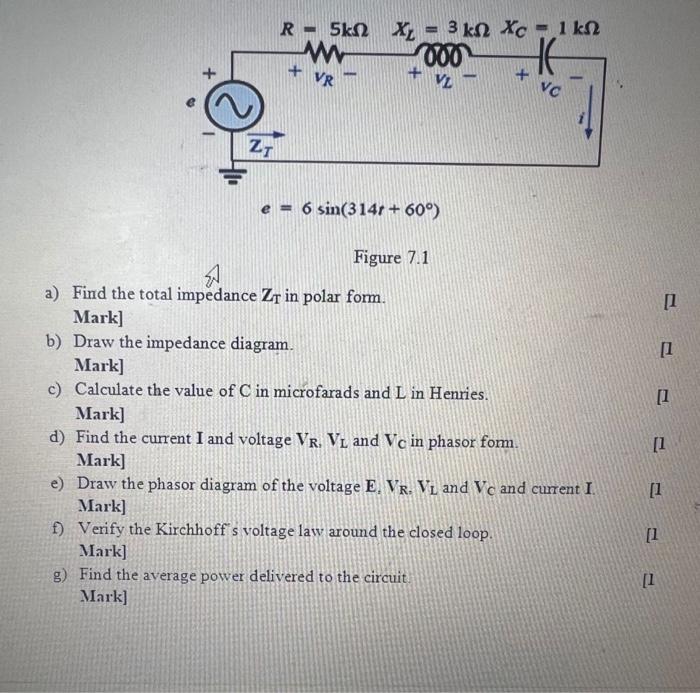 Solved e=6sin(314t+60∘) Figure 7.1 a) Find the total | Chegg.com