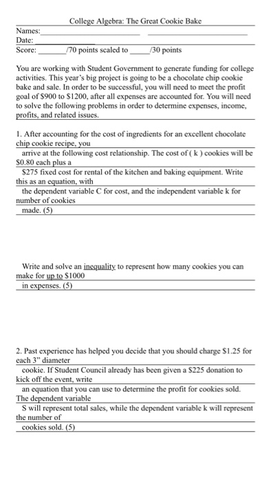 Solved College Algebra: The Great Cookie Bake Names: Date: | Chegg.com