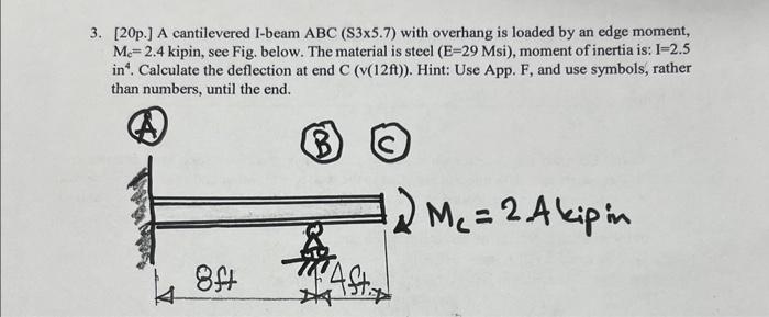 Solved [20p.] A cantilevered I-beam ABC (S3x5.7) with | Chegg.com