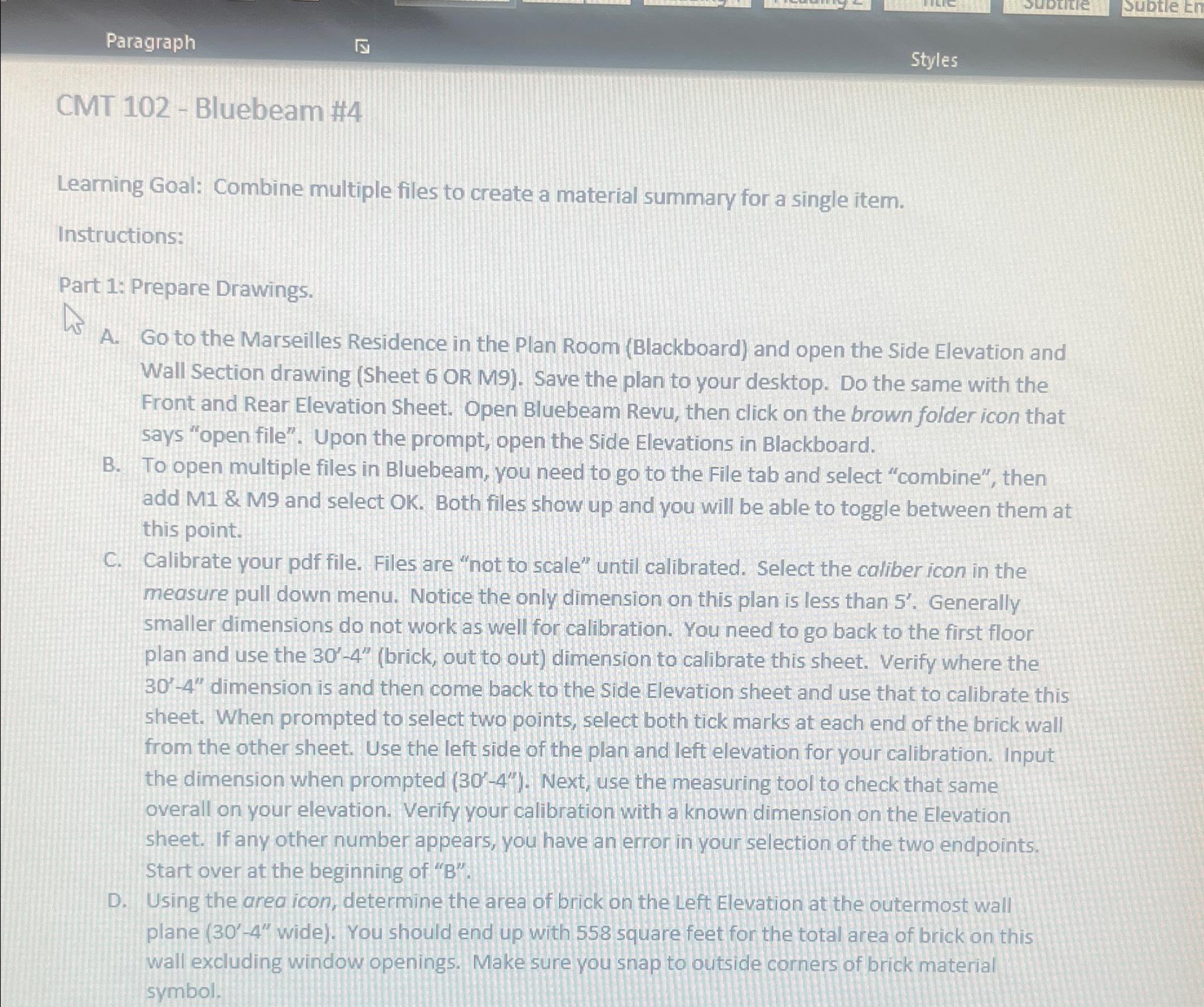 Solved Paragraphx2StylesCMT 102 - ﻿Bluebeam #4Learning Goal: | Chegg.com
