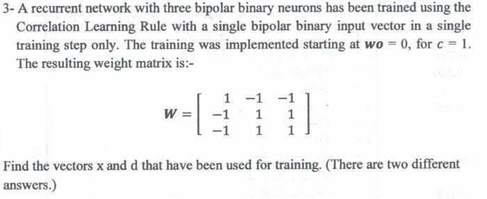 Solved 3- A recurrent network with three bipolar binary | Chegg.com