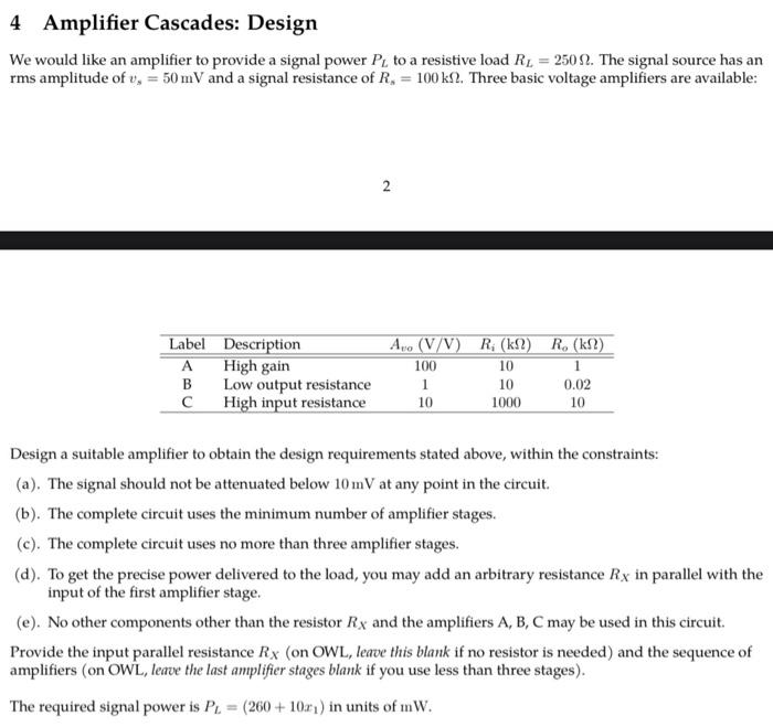 Solved 4 Amplifier Cascades: Design We would like an | Chegg.com