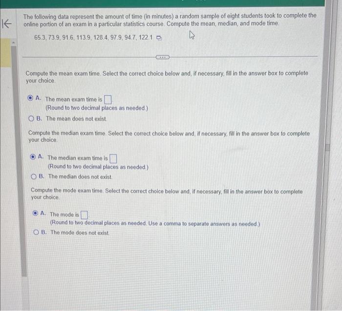 Solved The following data represent the amount of time (in | Chegg.com