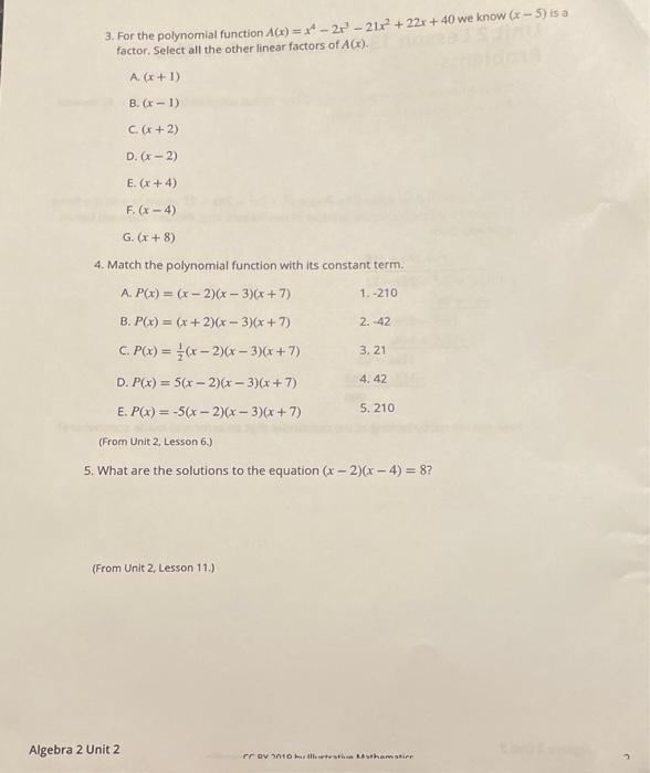 Solved Unit 2 Lesson 13 Cumulative Practice Problems 1. The | Chegg.com