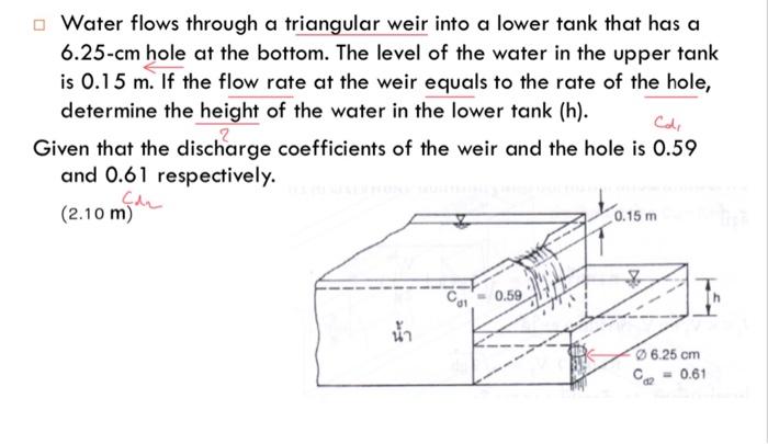 Solved Water flows through a triangular weir into a lower | Chegg.com