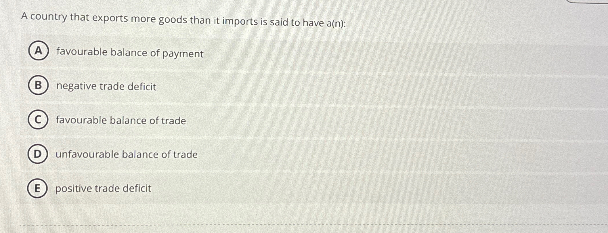 Solved A country that exports more goods than it imports is | Chegg.com