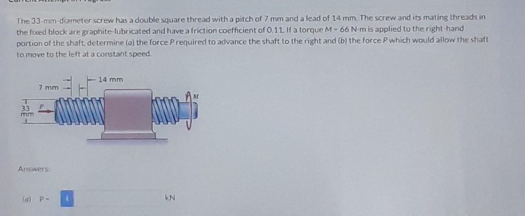 Solved The 33-mm-diameter screw has a double square thread | Chegg.com