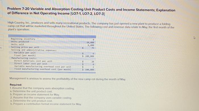 Solved Problem 7-20 Variable and Absorption Costing Unit | Chegg.com