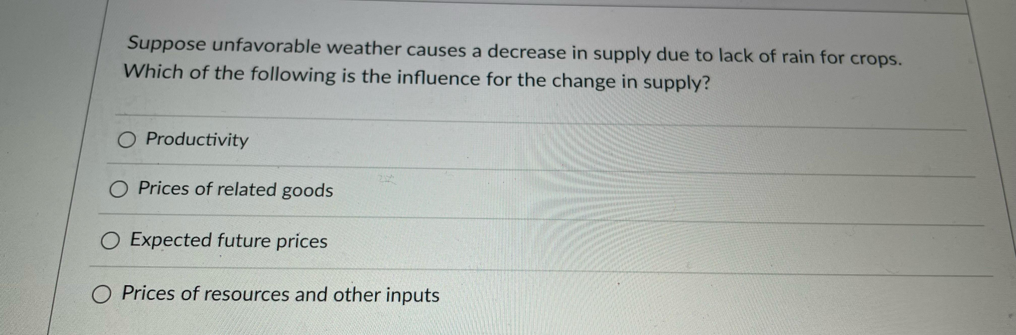Solved Suppose unfavorable weather causes a decrease in | Chegg.com