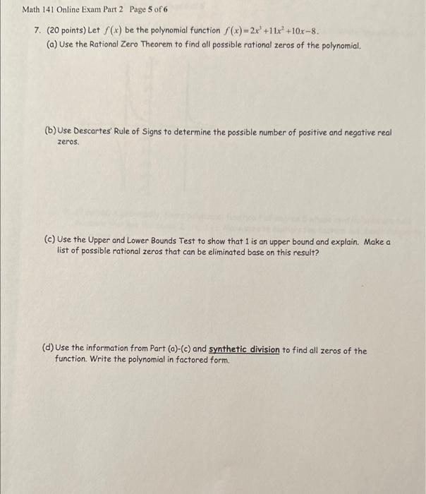 Solved 7. (20 points) Let f(x) be the polynomial function | Chegg.com