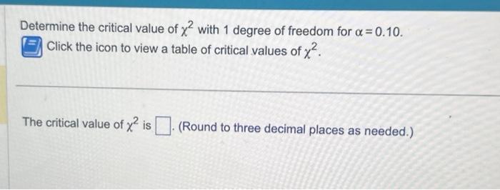 Solved Determine the critical value of χ2 with 1 degree of | Chegg.com