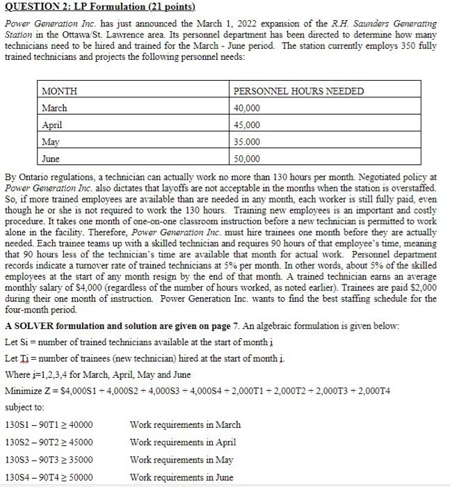 Solved QUESTION 2: LP Formulation (21 points) Power | Chegg.com