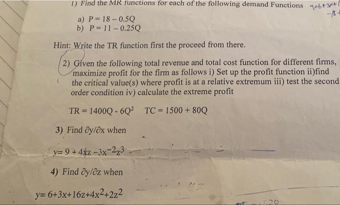 Solved 926+3x+1 1) Find the MR functions for each of the | Chegg.com